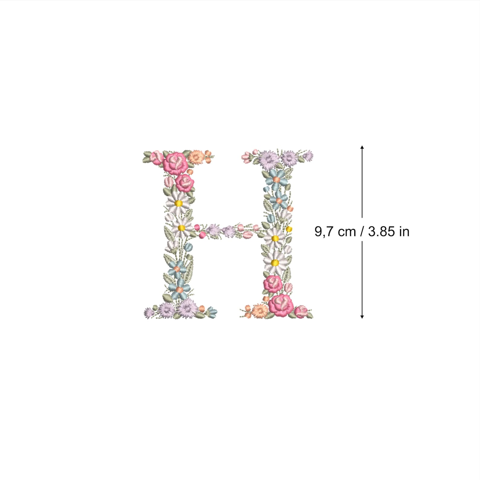 Machine Embroidery LETTER H Uppercase 9,6cm / 3.80" Tall Dainty Floral ...