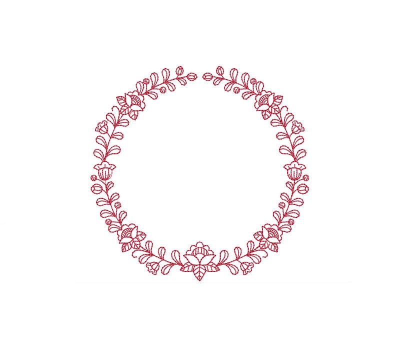 Floral Redwork Wreath Wreath of Flowers Linework Embroidery - Etsy