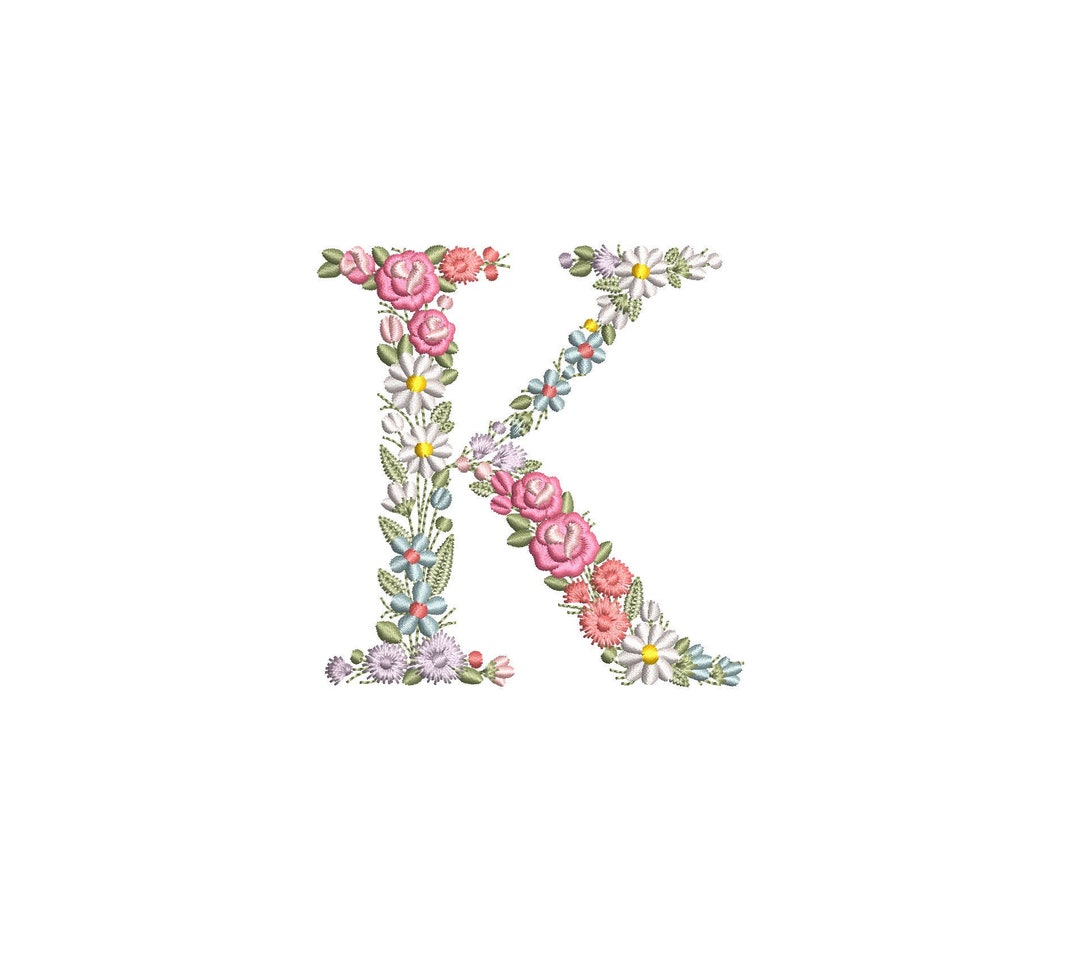 Machine Embroidery LETTER K Uppercase 9,7cm / 3.85 Tall Dainty Floral ...