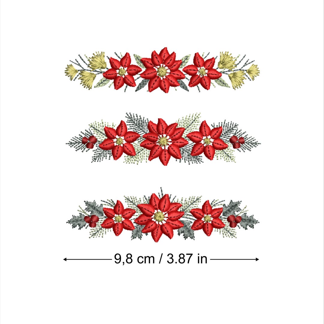 Christmas Border Machine Embroidery Design 4x4" Hoop Poinsettia Xmas ...