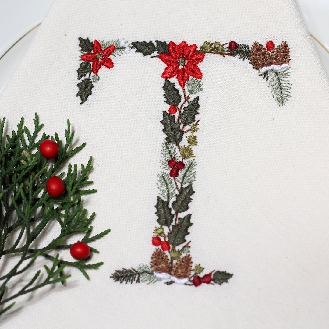 Machine Embroidery Christmas Letter T 4x4 Hoop Xmas Festive Monogram ...