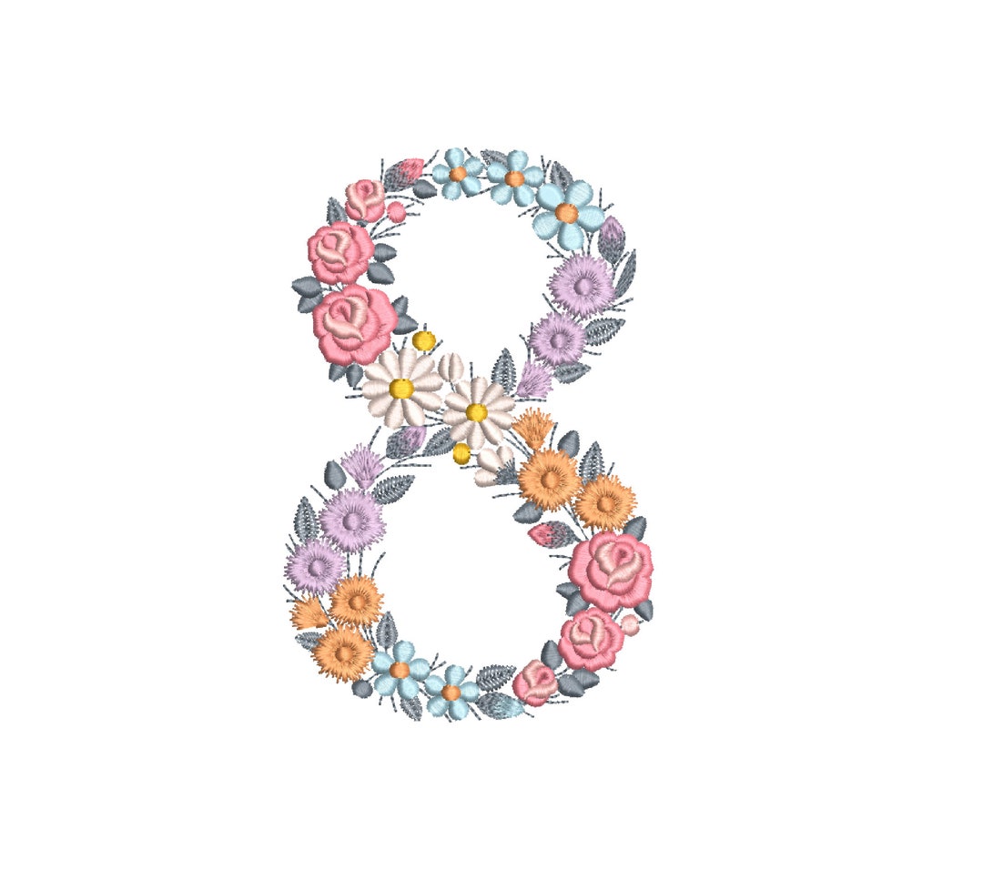 Machine Embroidery Number 8 (eight) 15cm/6"tall Dainty Floral File 8x8 ...