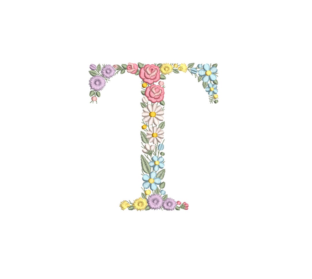 Machine Embroidery LETTER T Uppercase 15cm/6"tall Dainty Floral Font ...