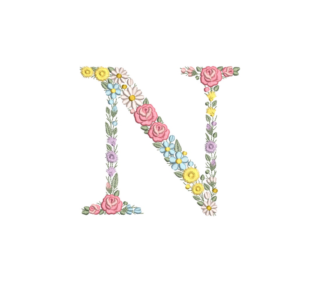 Machine Embroidery LETTER N Uppercase 15cm/6"tall Dainty Floral Font ...