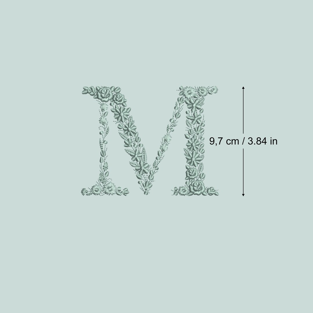 Machine Embroidery LETTER M Uppercase 9,7cm / 3.85" Tall Dainty Floral ...