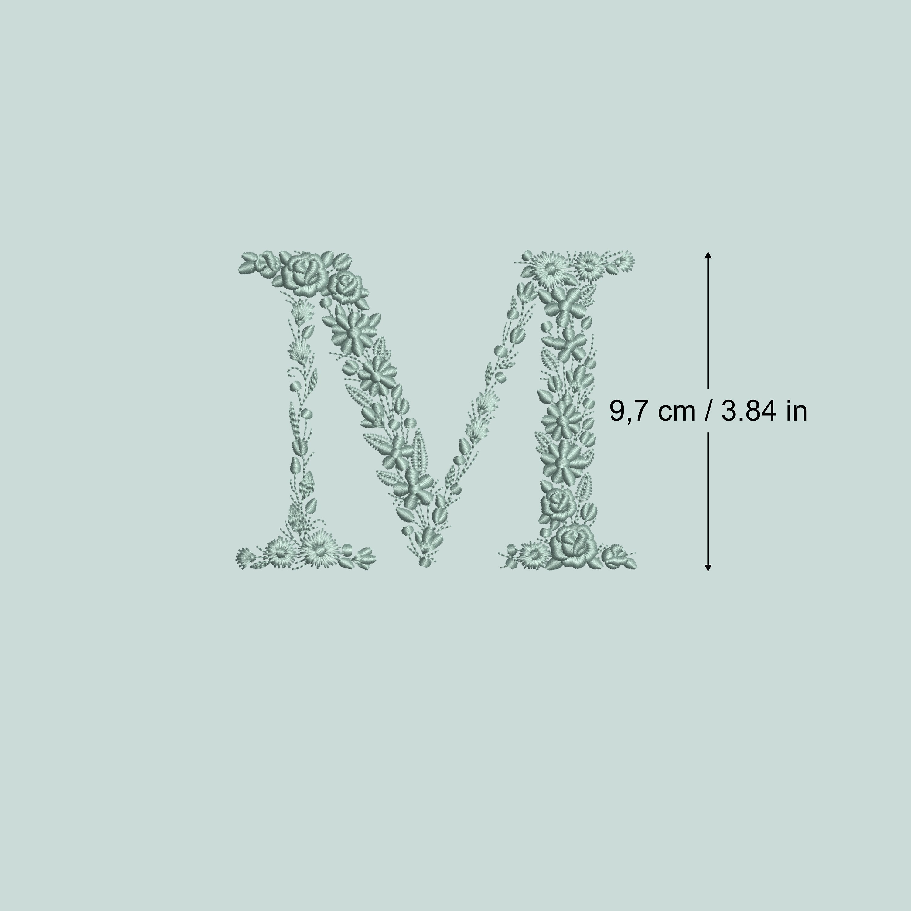 Machine Embroidery LETTER M Uppercase 9,7cm / 3.85" Tall Dainty Floral ...