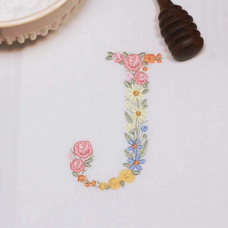 Machine Embroidery LETTER J Uppercase 97mm / 3.85" Tall Dainty Floral ...