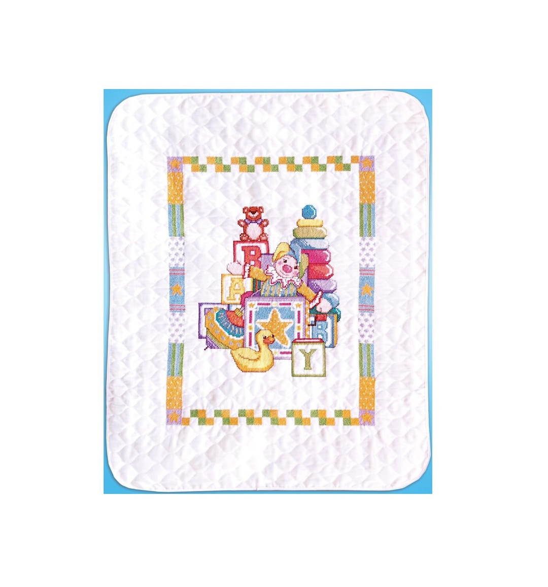 Tobin Stamped Cross Stitch Kit Baby Quilt TOYS Pre Quilted and Bound 34 ...