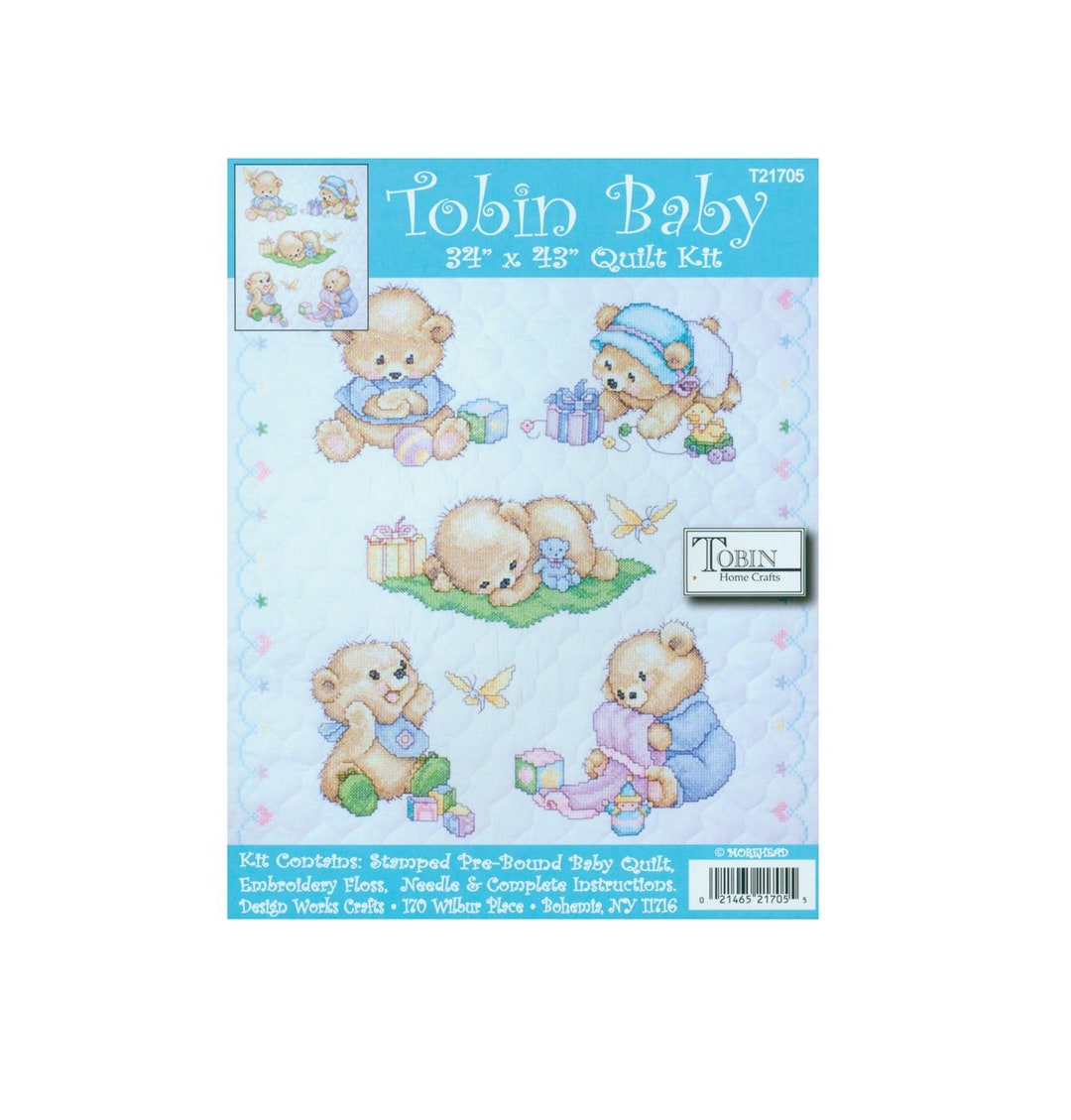 Tobin Stamped Cross Stitch Kit Baby Quilt BABY BEARS Pre Quilted and ...