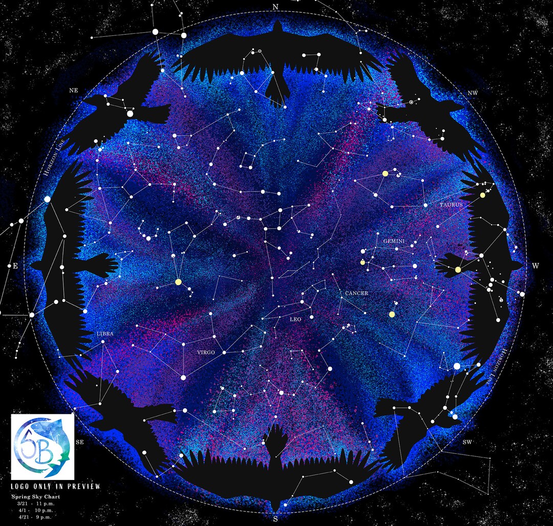 Printable Art, Surreal Spring Sky Chart With Zodiac Constellations ...