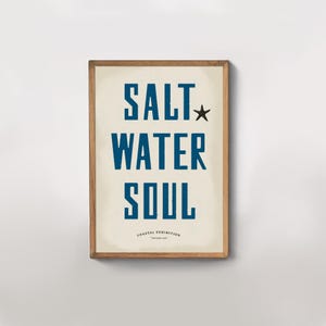 Salt Water Soul Poster, Coastal Retro Typographic Print, Beach House ...