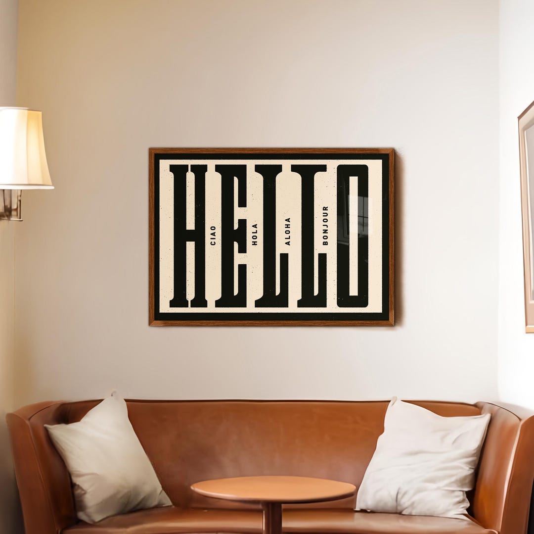 Hello Print, Retro Typography Wall Art, Modern Mid Century Decor, Man ...