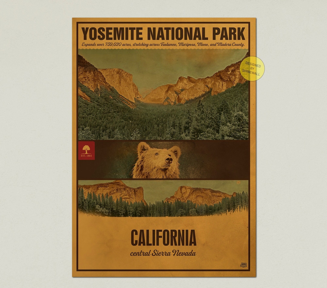 National Park Poster Yosemite Vintage Print Retro Travel - Etsy