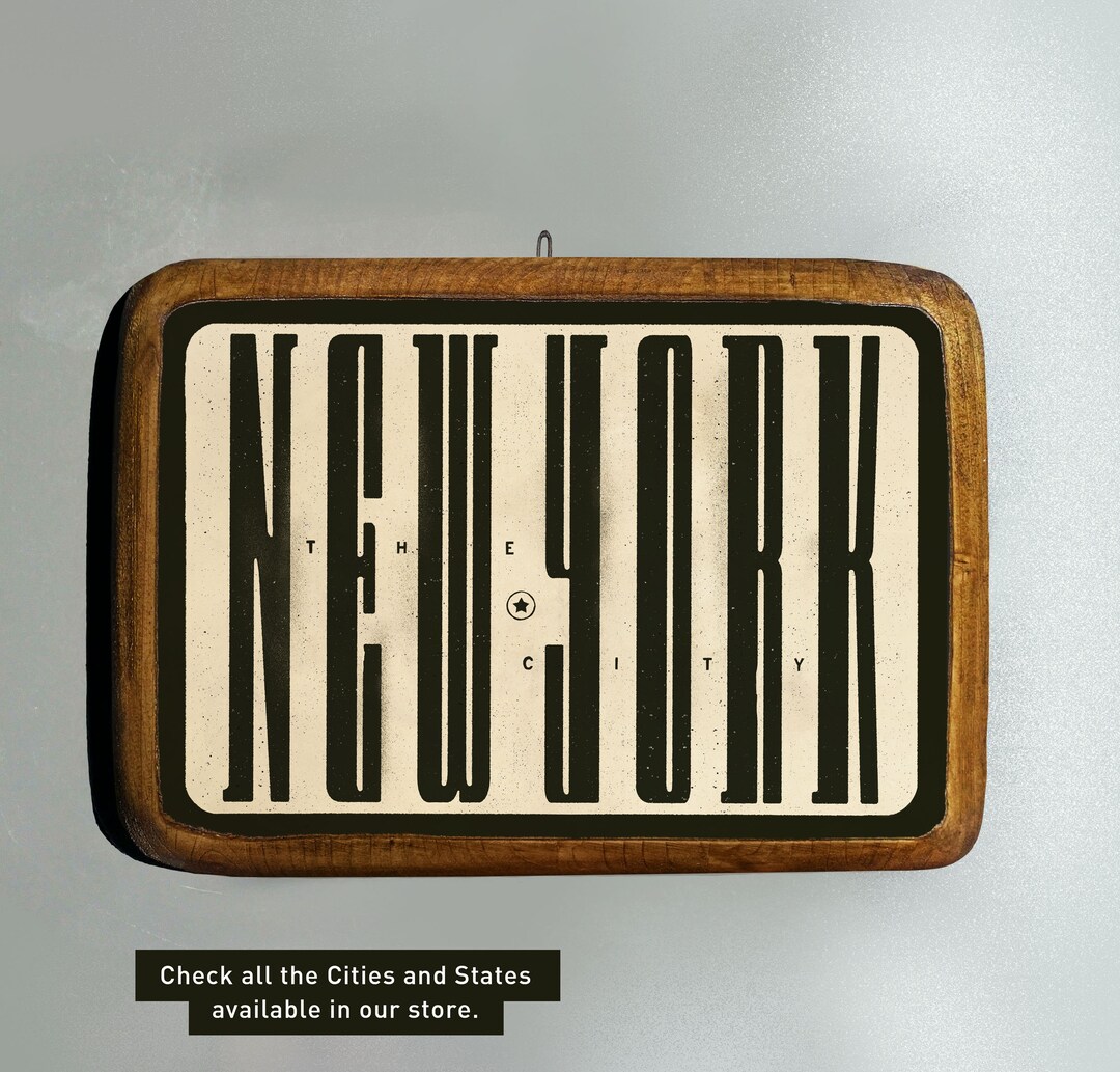 New York City, Wood Sign Retro Typography, Modern Mid Century Wall Art ...