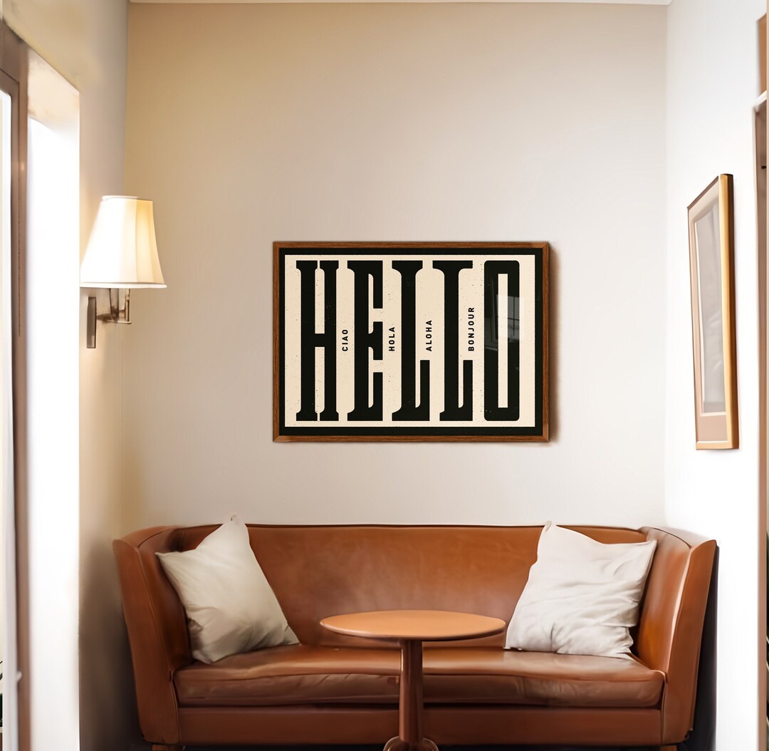 Hello Print, Retro Typography Wall Art, Modern Mid Century Decor, Man ...