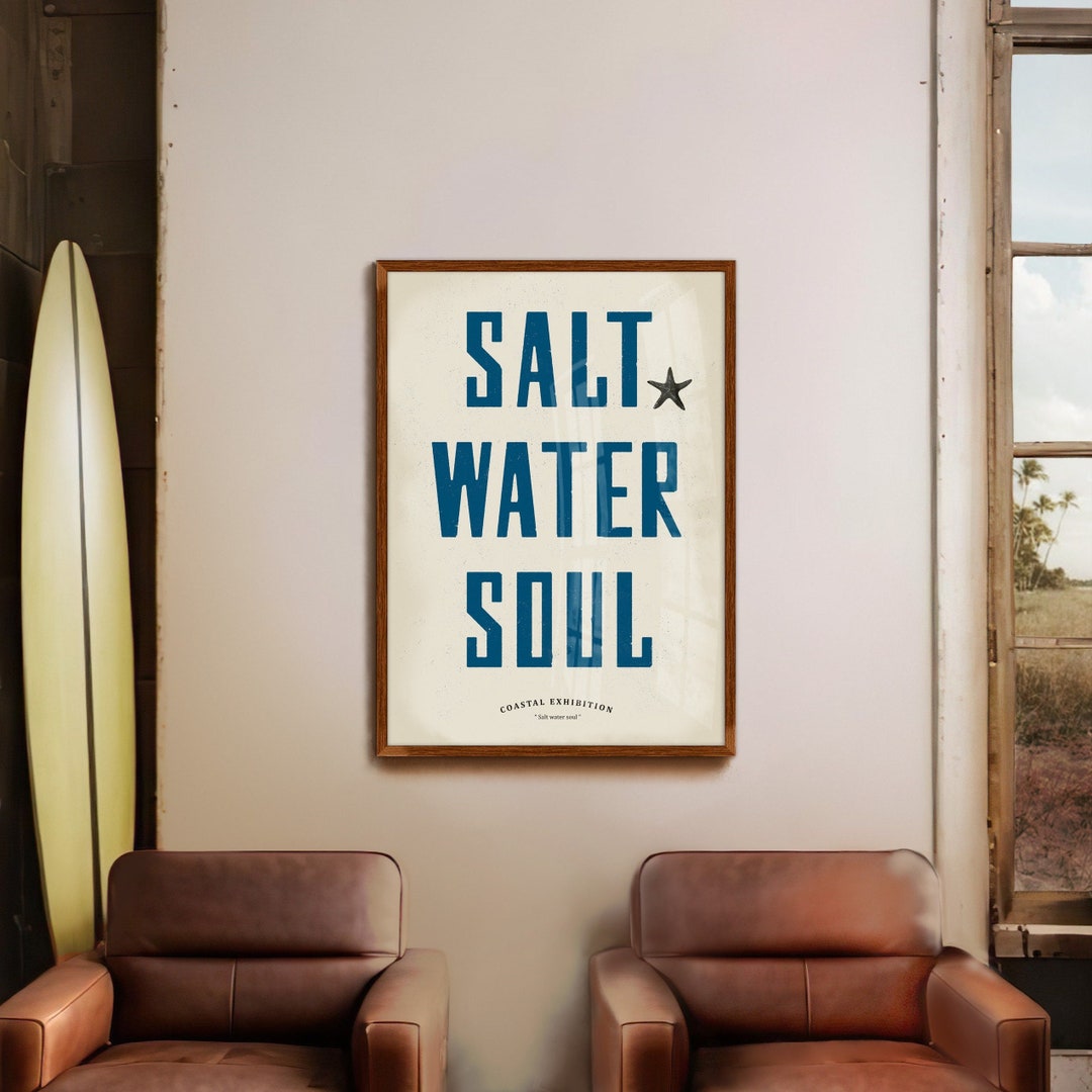 Salt Water Soul Poster, Coastal Retro Typographic Print, Beach House ...
