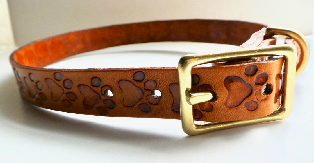 Hand Tooled Dog Paw Leather Collar, Dog Collar, Paw Print Dog Collar ...