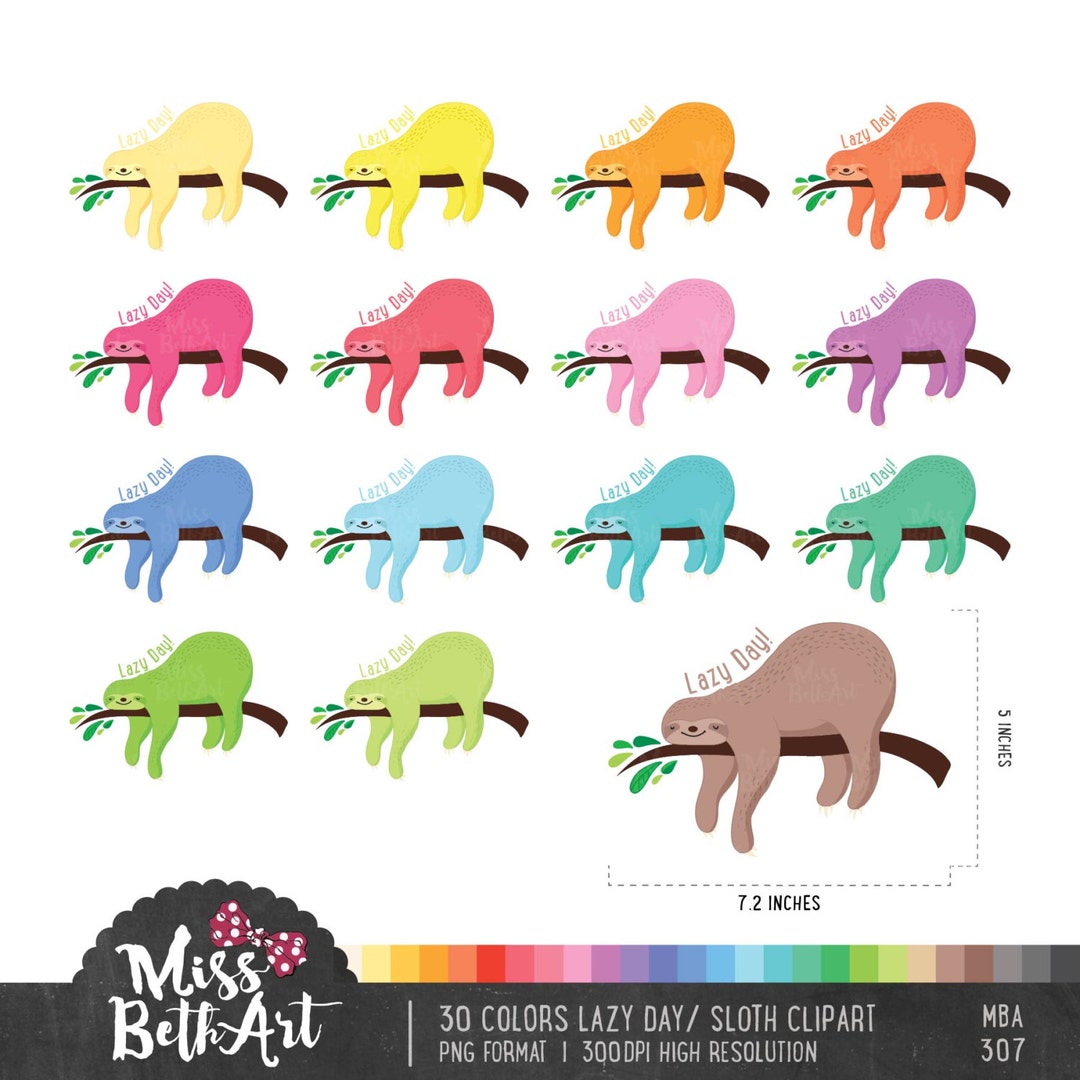 30 Colors Sloth Lazy Day Clipart. School Bulletin Board - Etsy