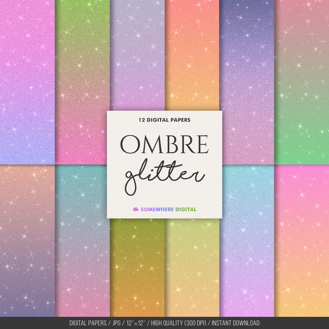 Ombre Glitter Digital Paper Rainbow Glitter Printable Glitter ...