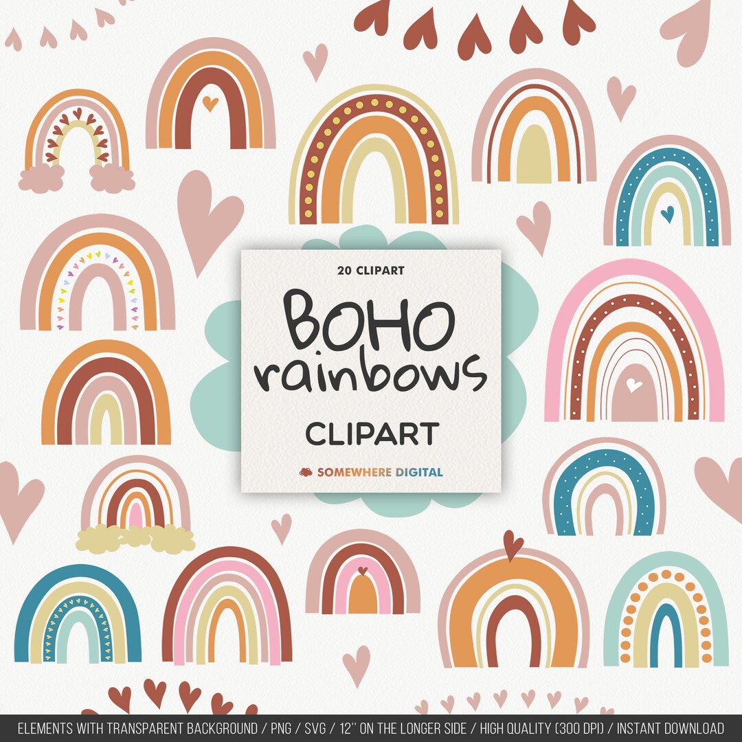 Boho Rainbow Clipart Pastel Rainbows Kids Clipart Rainbow Scrapbooking ...
