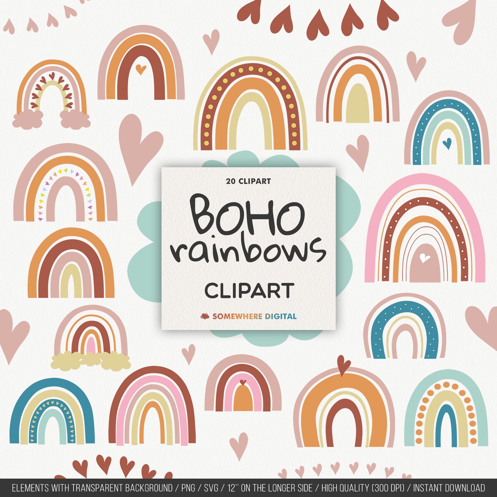Boho Rainbow Clipart Pastel Rainbows Kids Clipart Rainbow Scrapbooking ...