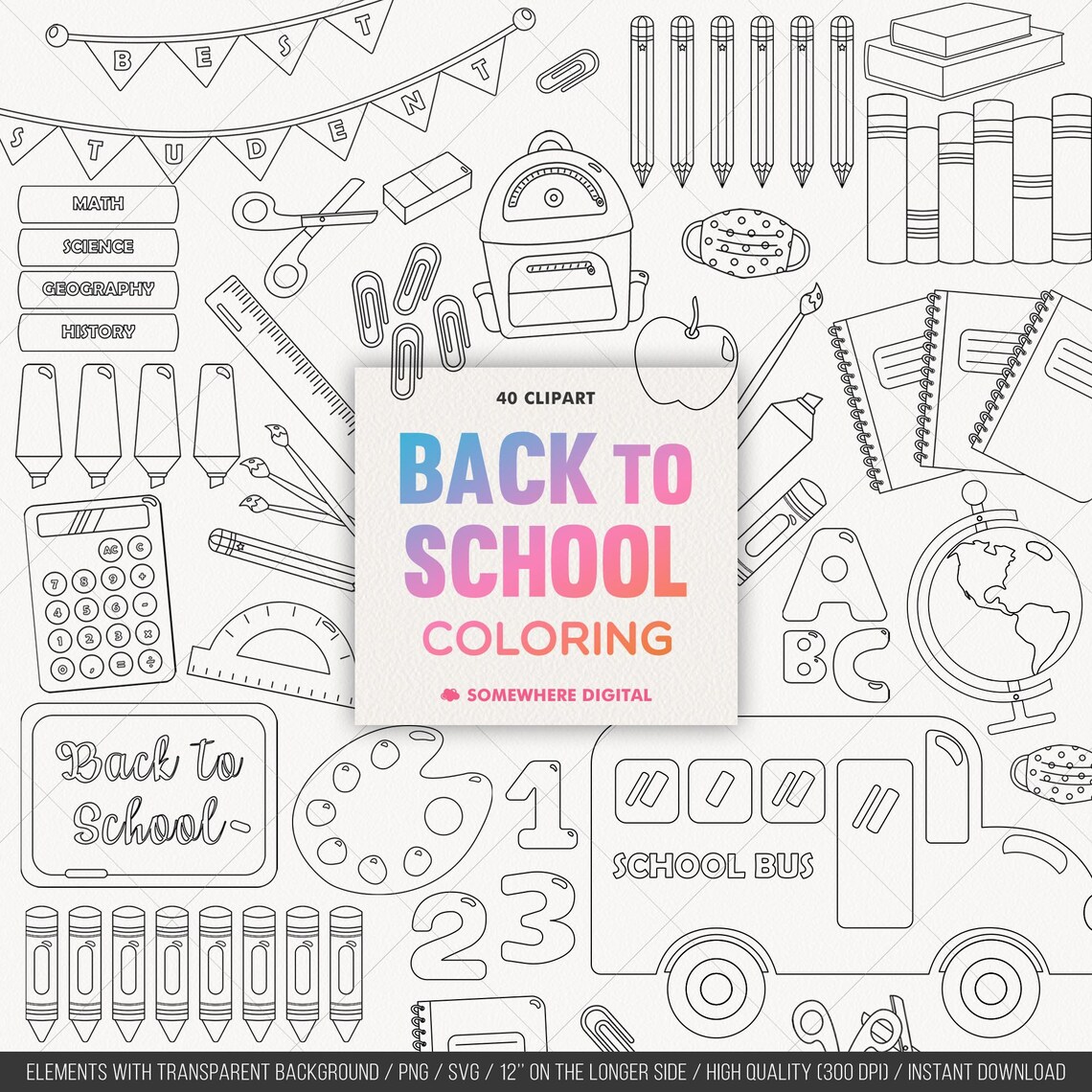 School Supplies Coloring Pages for Kids Black and White Clipart Stamps ...