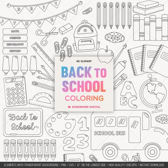 School supplies Coloring pages for kids Black and white | Etsy