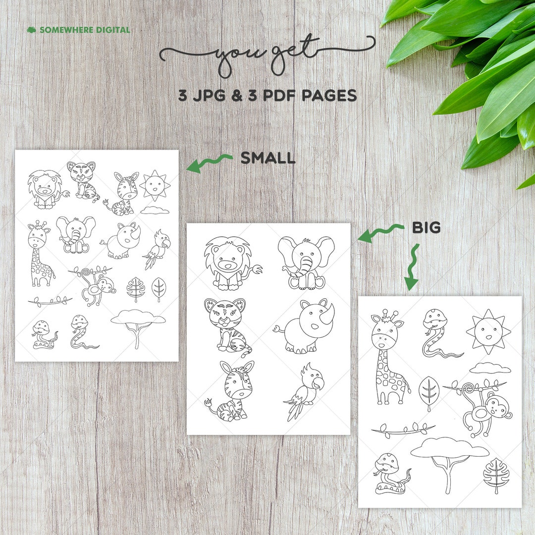 Jungle Animal Coloring Pages Animals Digital Stamps Safari Animal Black ...