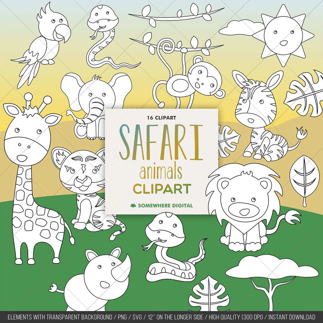 Jungle Animal Coloring Pages Animals Digital Stamps Safari Animal Black ...