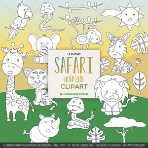 Jungle Animal Coloring Pages Animals Digital Stamps Safari Animal Black ...