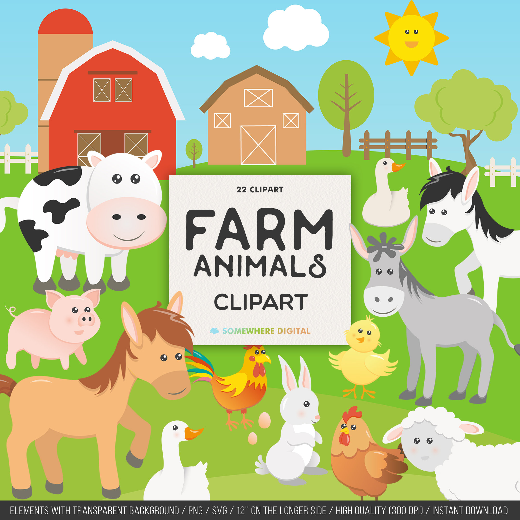 Cute Farm Animals Clipart, Vector Set (PNG, SVG) - Etsy