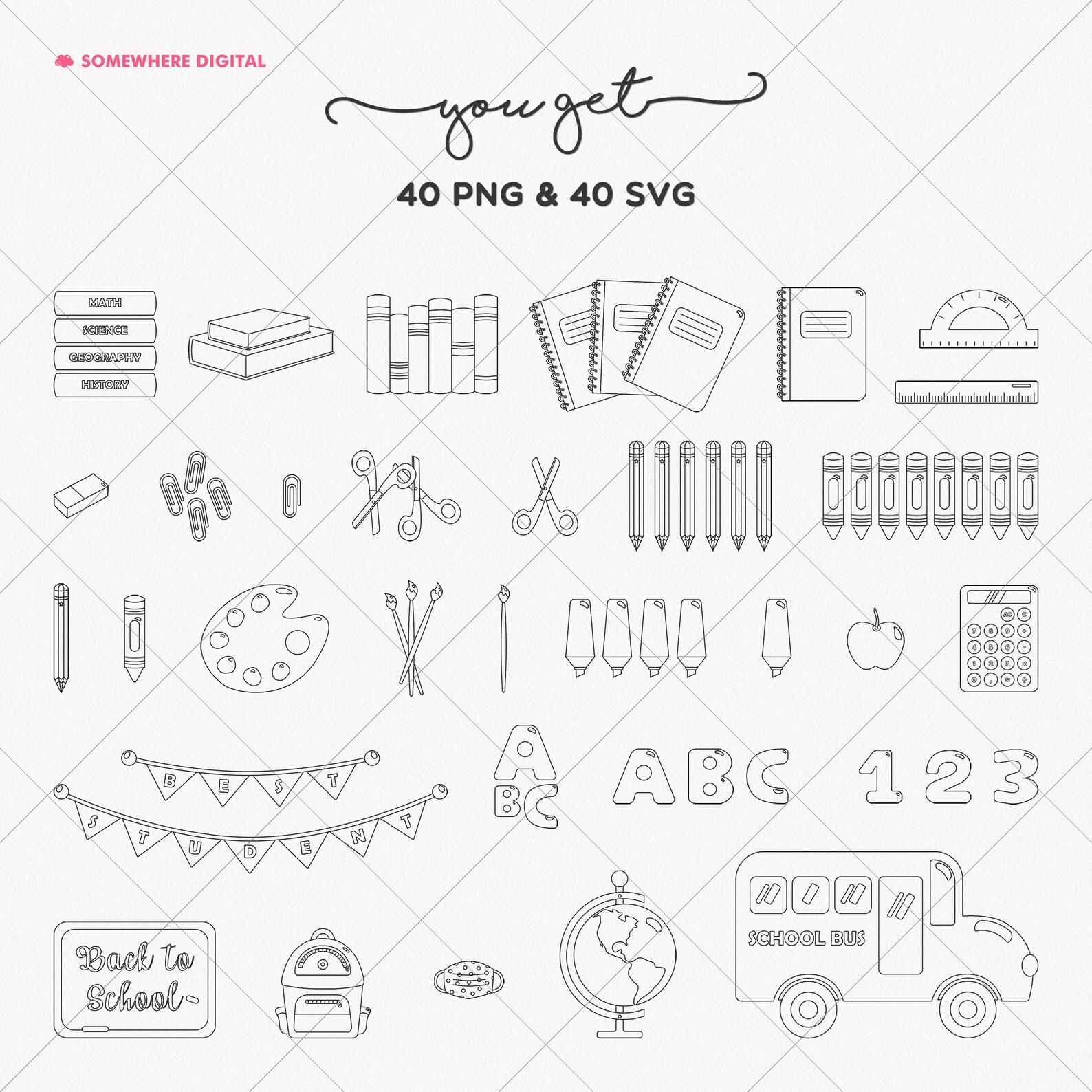 School Supplies Coloring Pages for Kids Black and White Clipart Stamps ...