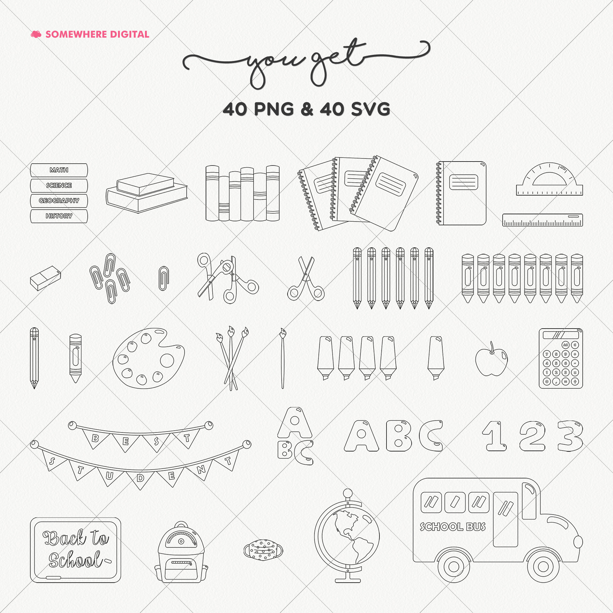 School Supplies Coloring Pages for Kids Black and White Clipart Stamps ...