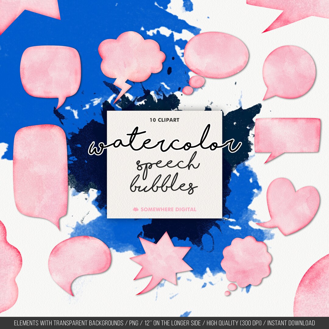 Watercolor Speech Bubbles Clipart: Pink Text Clouds (digital Download ...