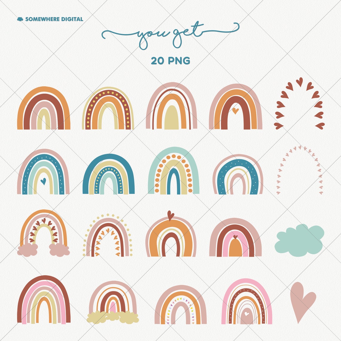 Boho Rainbow Clipart Pastel Rainbows Kids Clipart Rainbow Scrapbooking ...