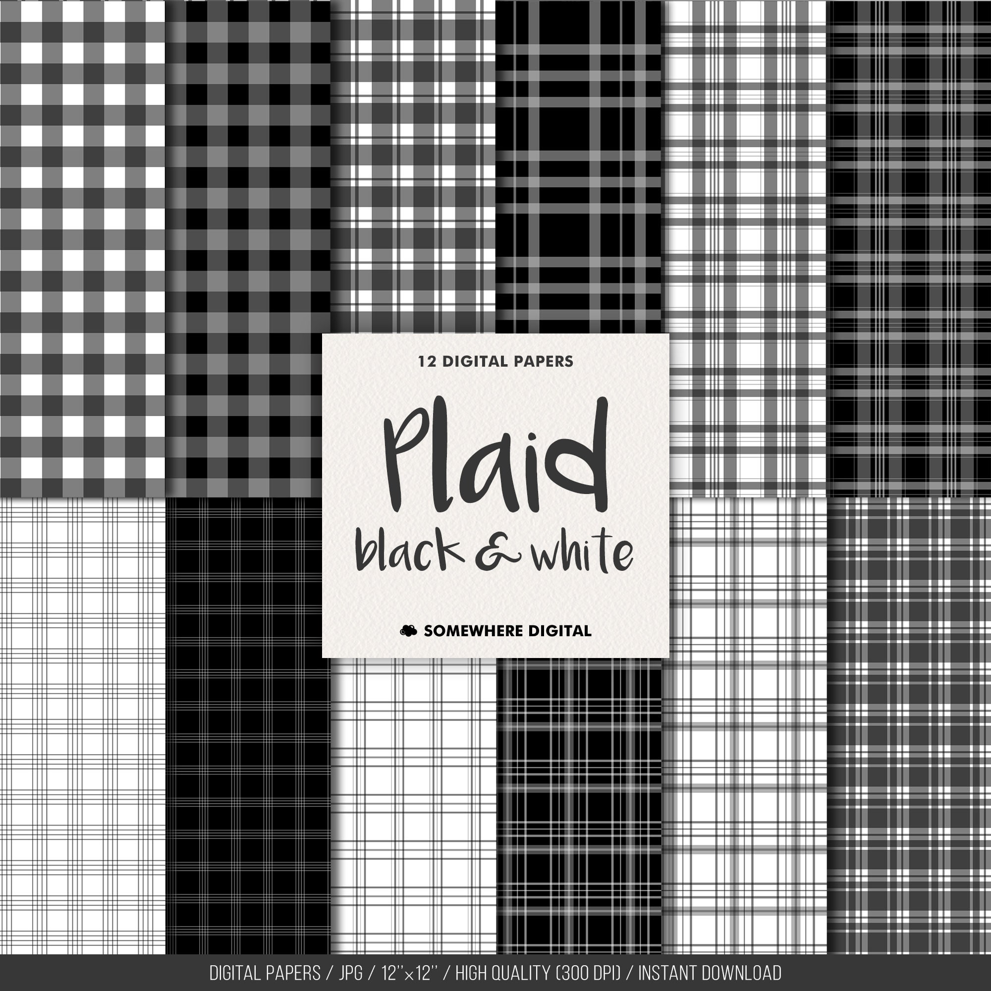 Plaid Digital Paper Black and White Gingham Lumberjack Tartan Gingham ...