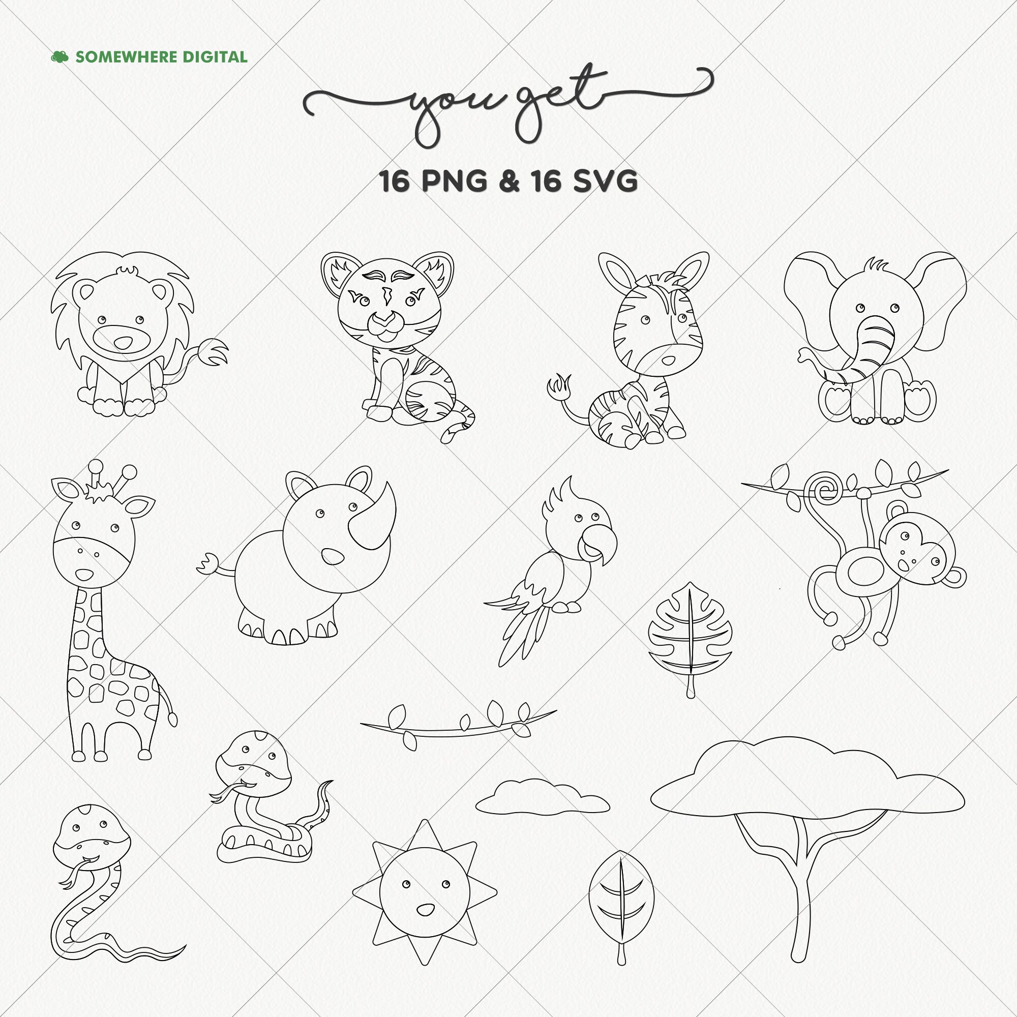 Jungle Animal Coloring Pages Animals Digital Stamps Safari Animal Black ...