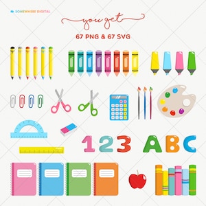 Back to School Clipart: School Supplies, Kids Graphics (PNG, SVG, EPS ...