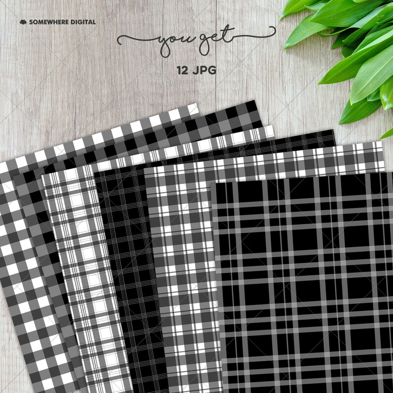 Plaid Digital Paper Black and White Gingham Lumberjack Tartan Gingham ...