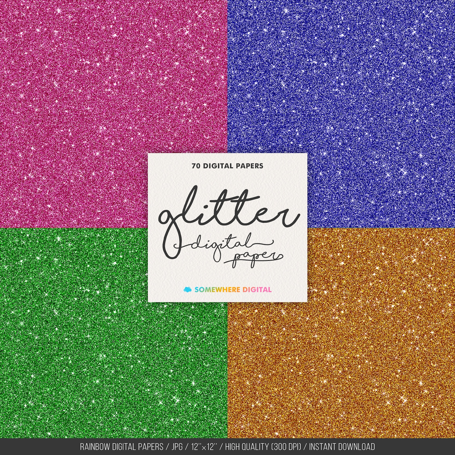 Glitter Digital Paper Glitter Papers Pack Rainbow Printable Digital ...