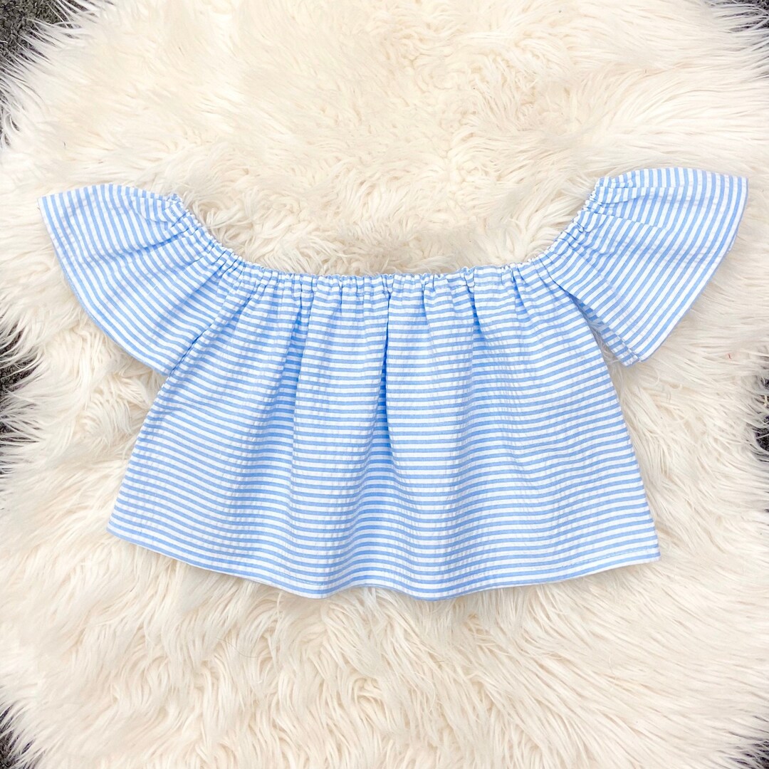 Baby Blue Seersucker Striped off Shoulder Tops, Girls Summer Crop Top ...