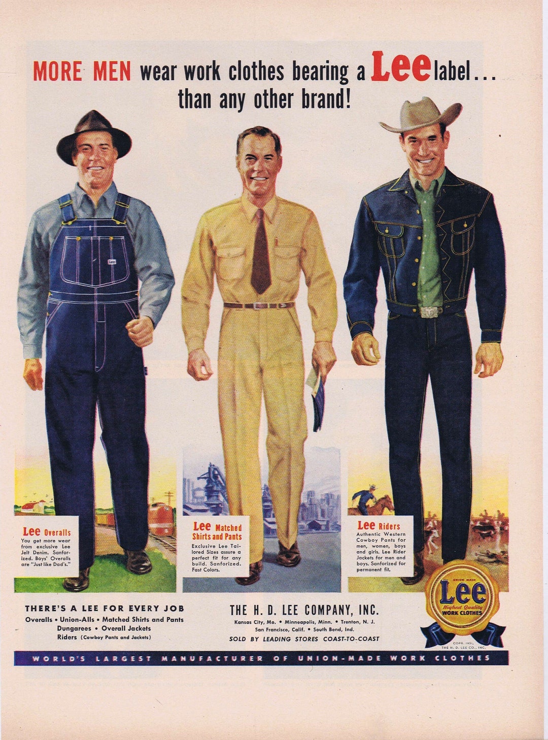 1951 Lee Union-made Work Clothes Original Vintage Advertisement With ...