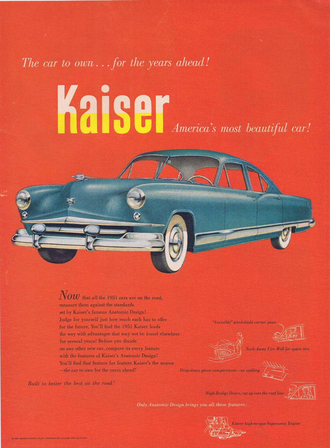1951 Kaiser Americans Most Beautiful Car Original Vintage Advertisement ...