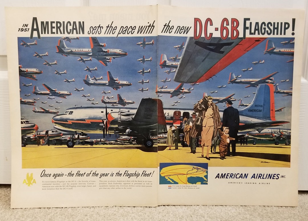 1951 American Airlines DC-6B Flagship Airplane Unique Double Page ...