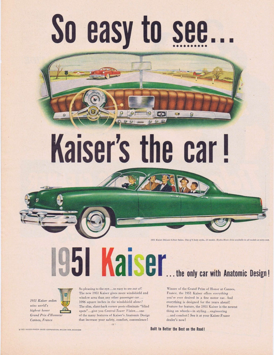 1951 Kaiser Original Vintage Automobile Advertisement With Anatomic ...