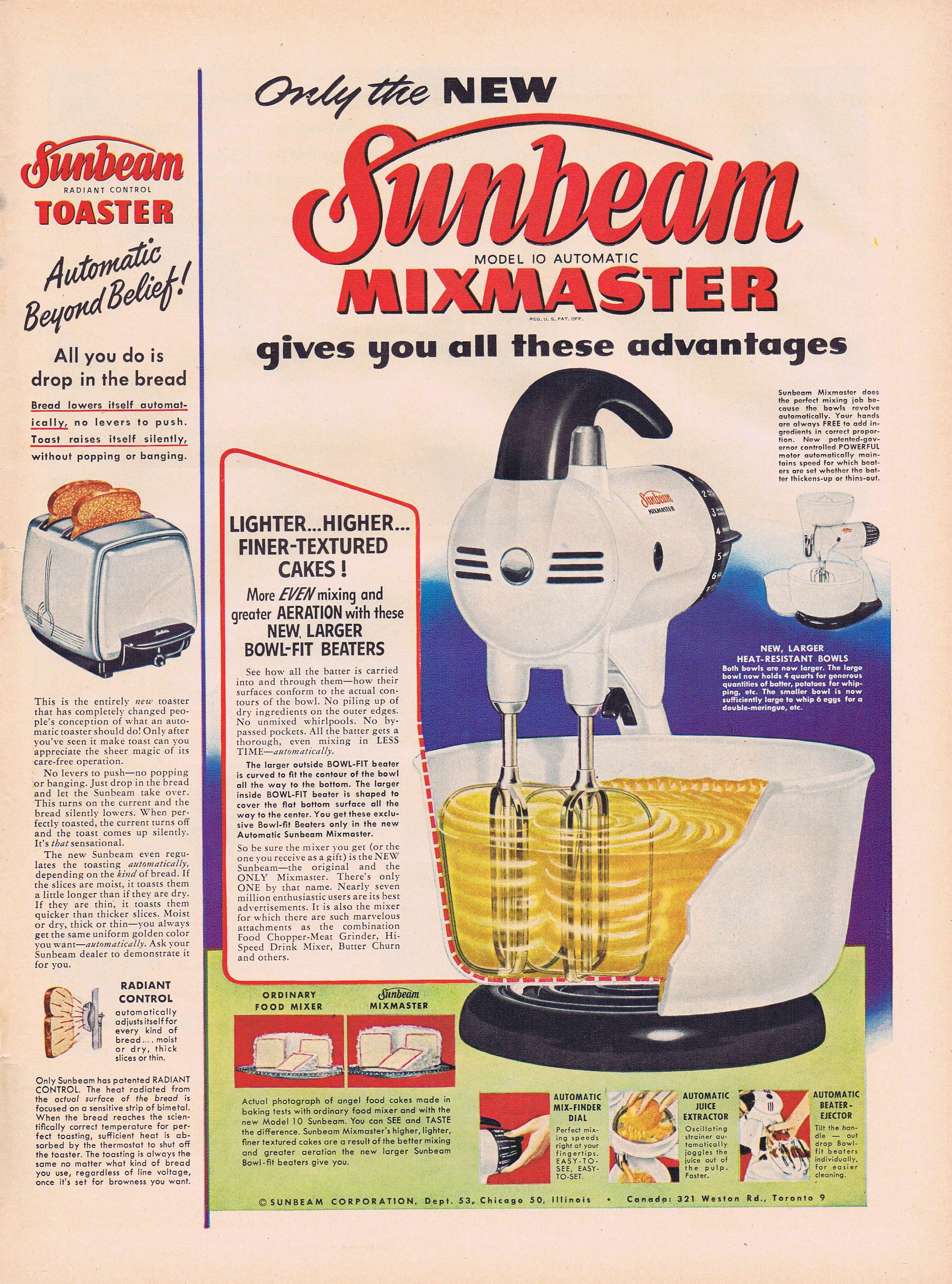 1951 New Sunbeam Model 10 Mixmaster and Radiant Control Toaster ...