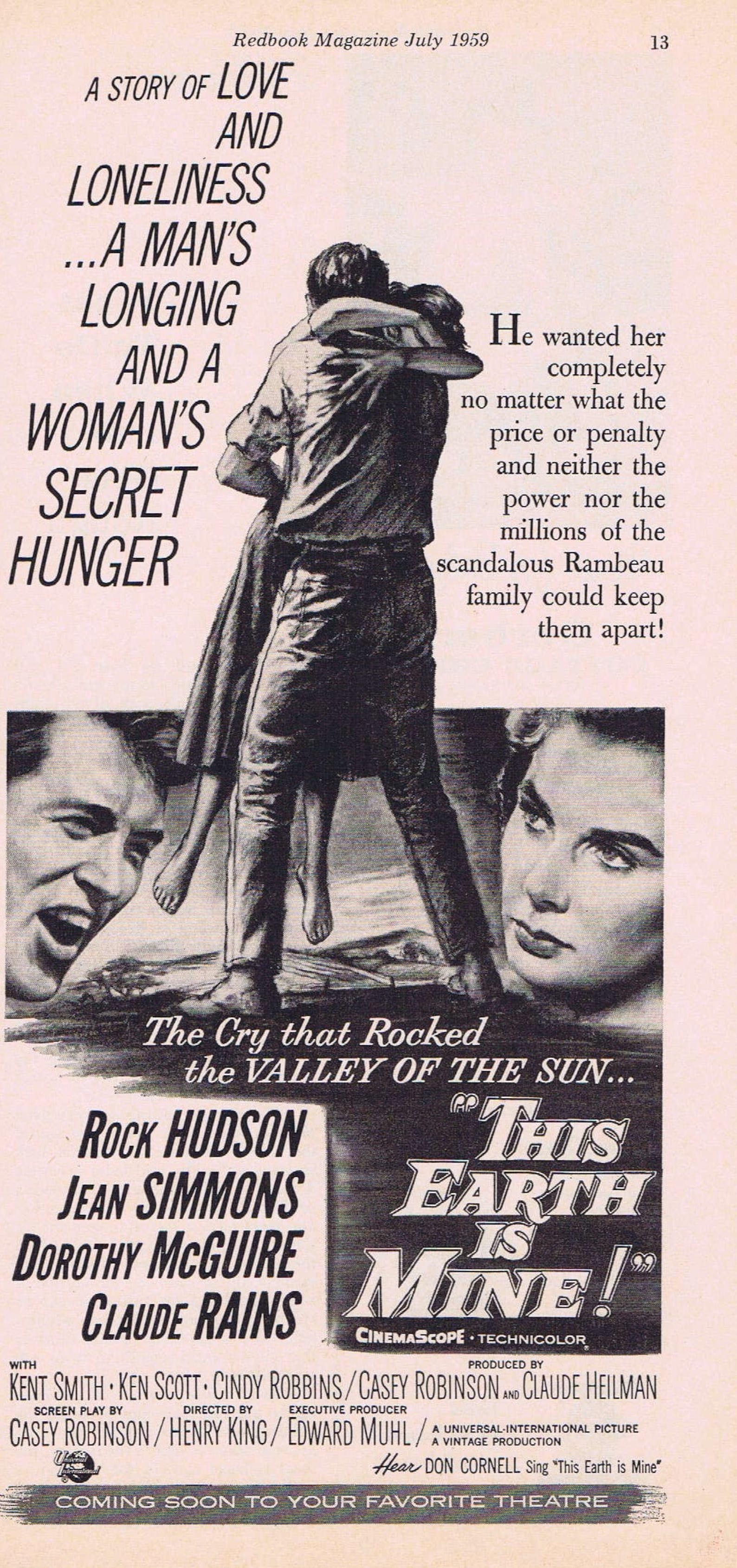 This Earth is Mine 1959 Original Vintage Movie Ad With Rock Hudson and ...