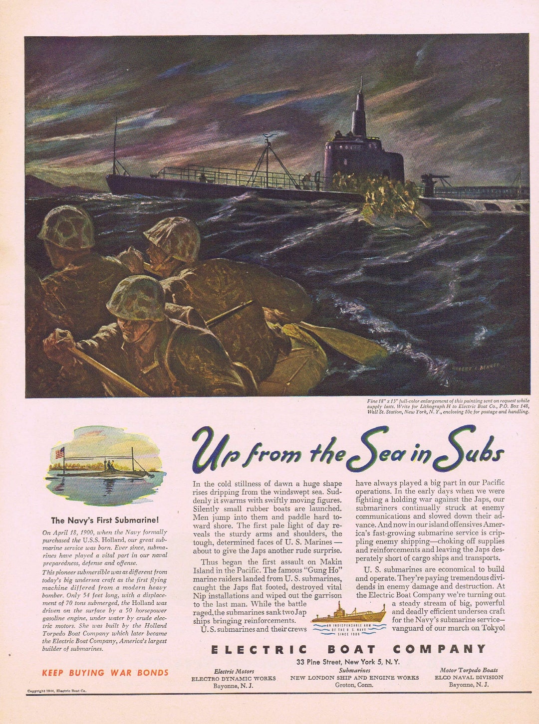 1944 WW2 Sea Subs Electric Boat Wonderful Art or Salute to American ...