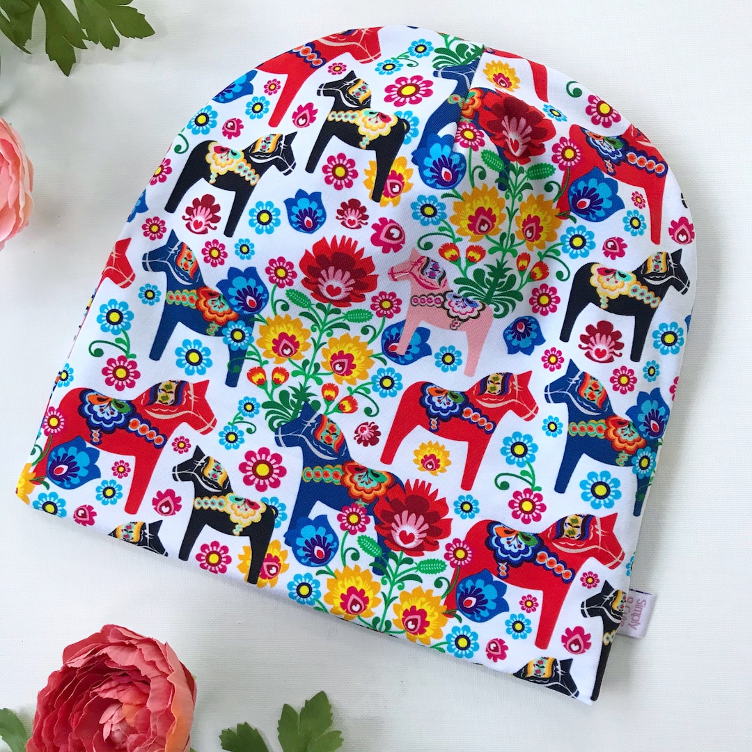 Swedish Dala Horse Slouchy Beanie Hat, Scandinavian Folk Art Beanie ...