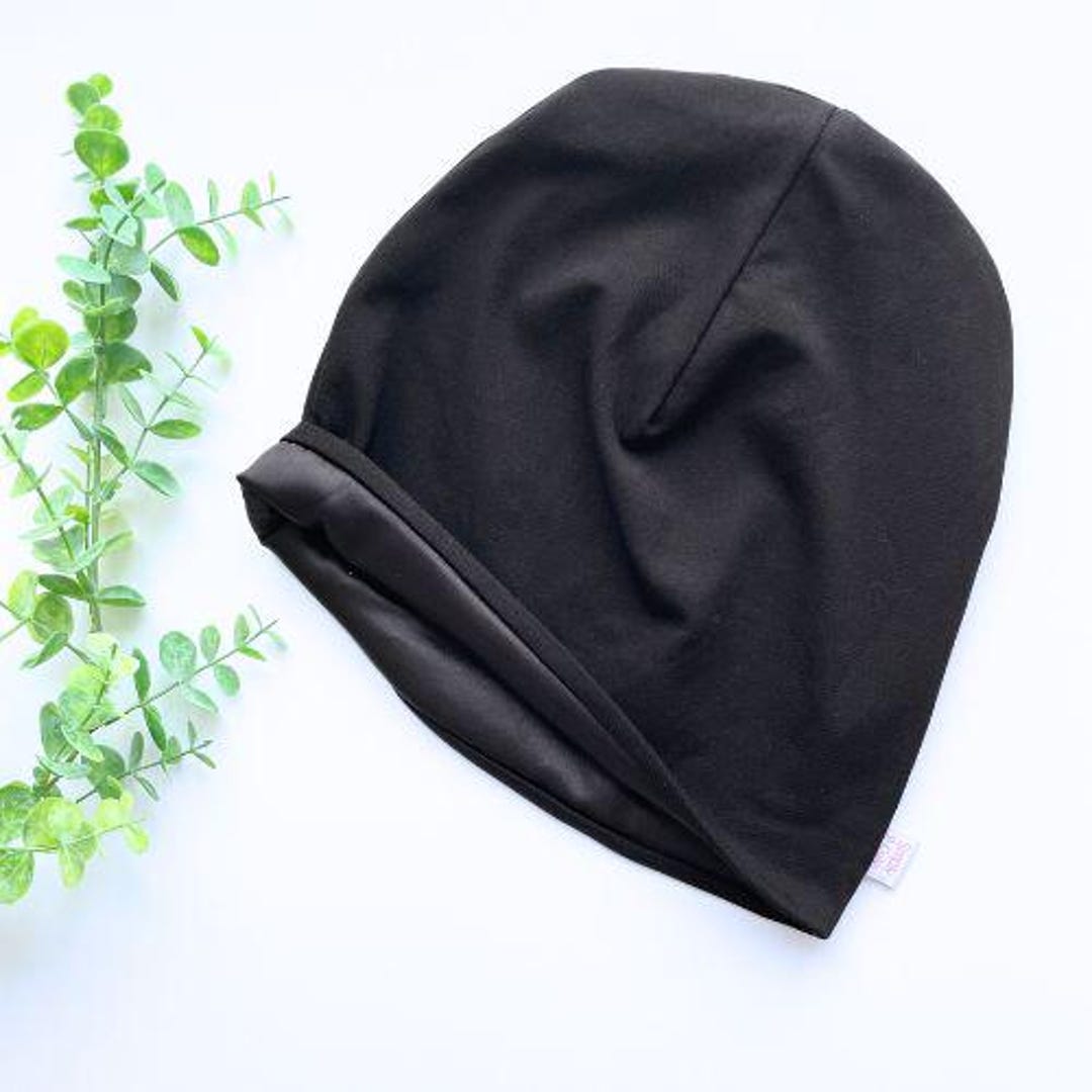 Satin Lined Slouchy Beanie Hat BLACK, Organic Cotton Non-wool Toque ...